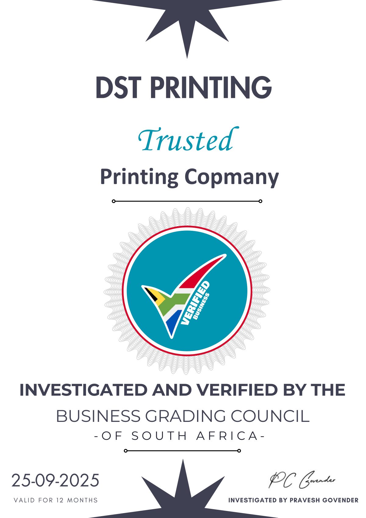 DST PRINTING - Business Grading Council of South Africa